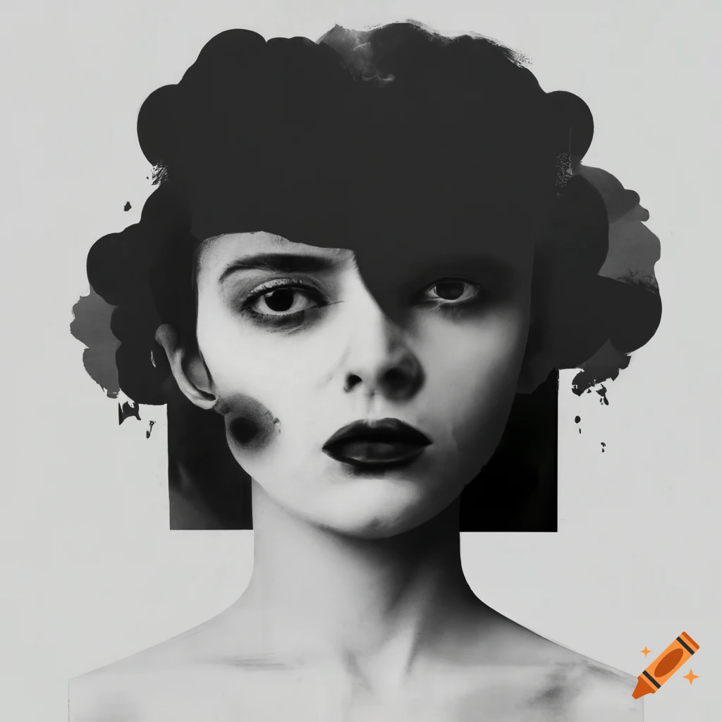 Dadaistic collage about relativity and atoms, in black and white halftone