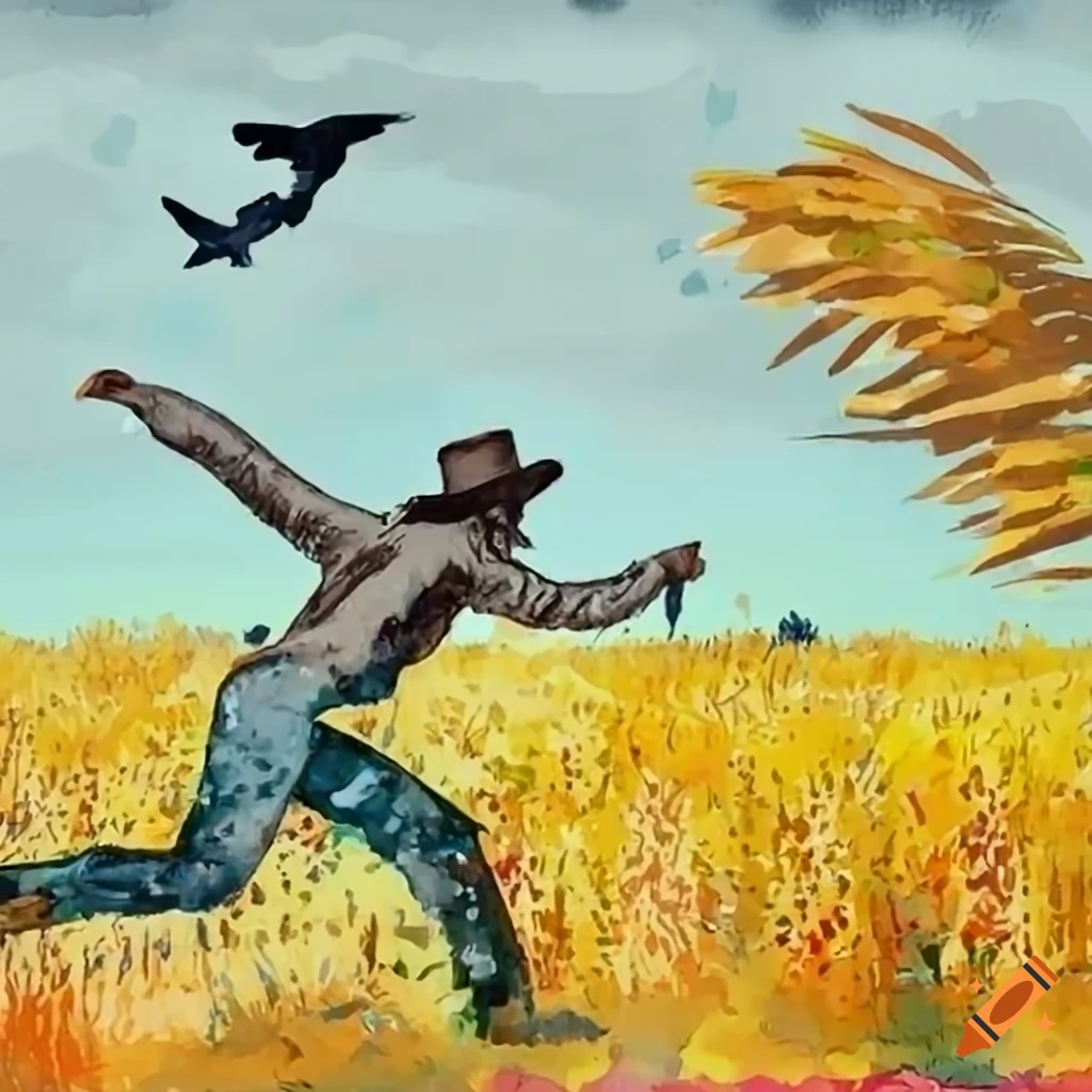 A man in a hat chasing away crows from a crop field on Craiyon