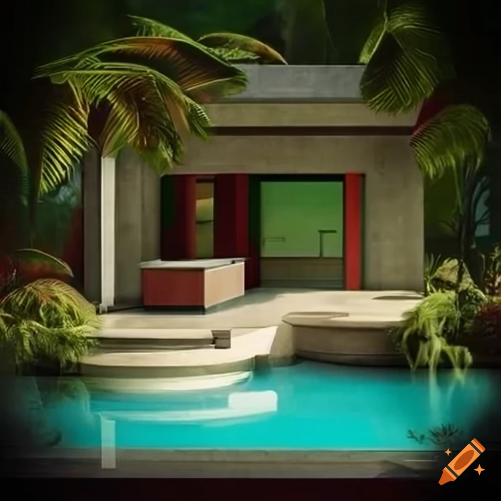 Art deco concrete home, tropical landscaping, terraces, reflective pools ambient light, mid ...