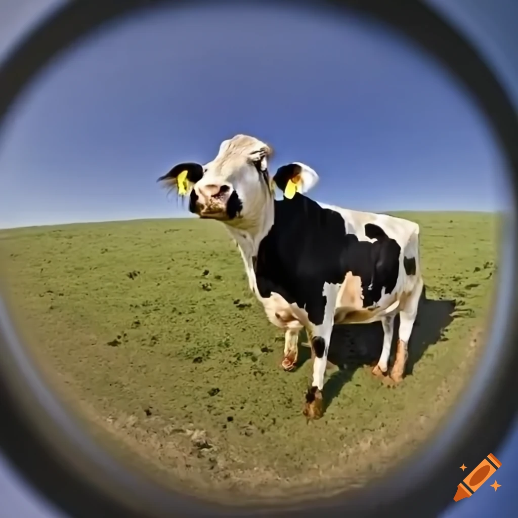 Fisheye lense, low angle, cows in a field looking up at the sky on Craiyon
