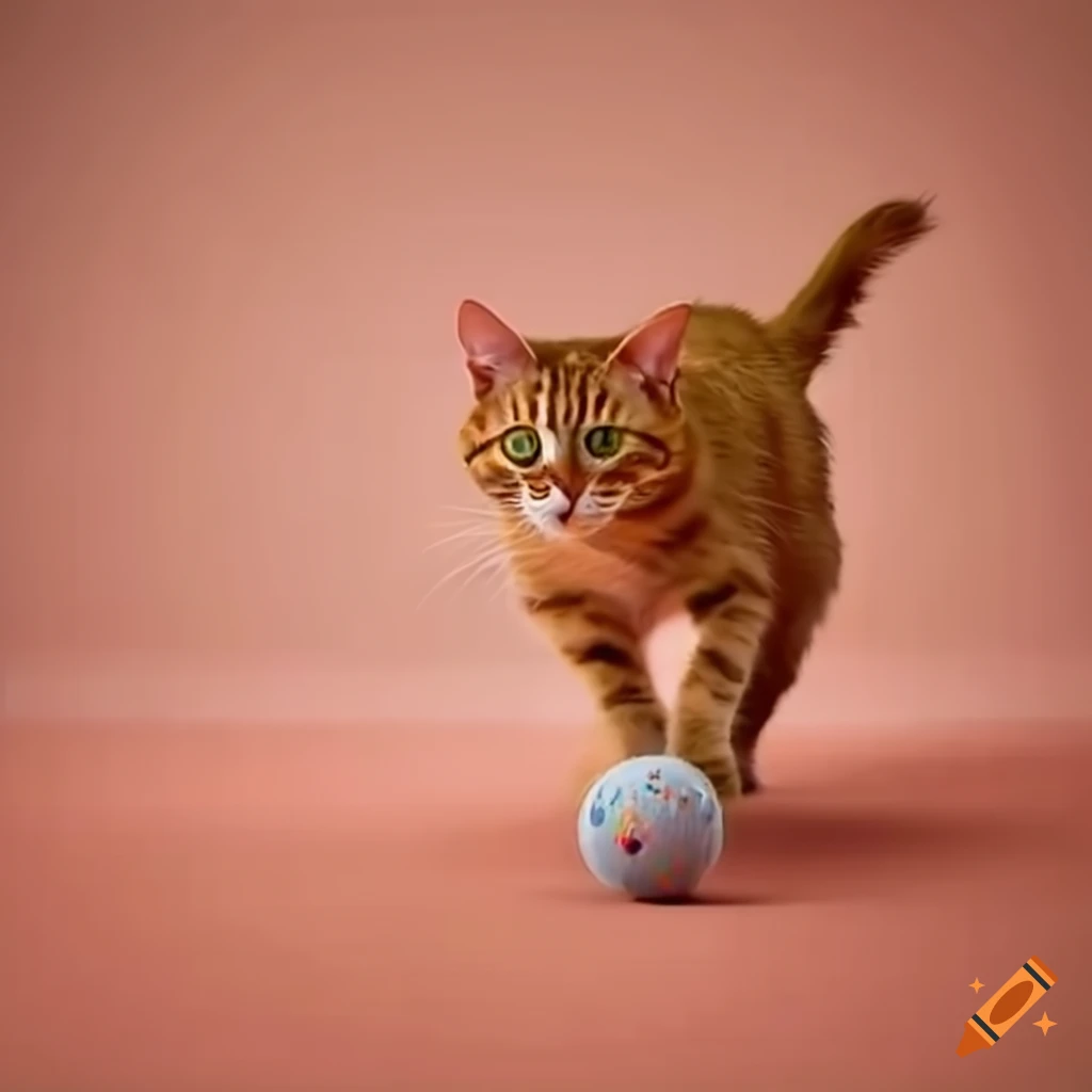 A playful ginger cat running after a ball on a floor