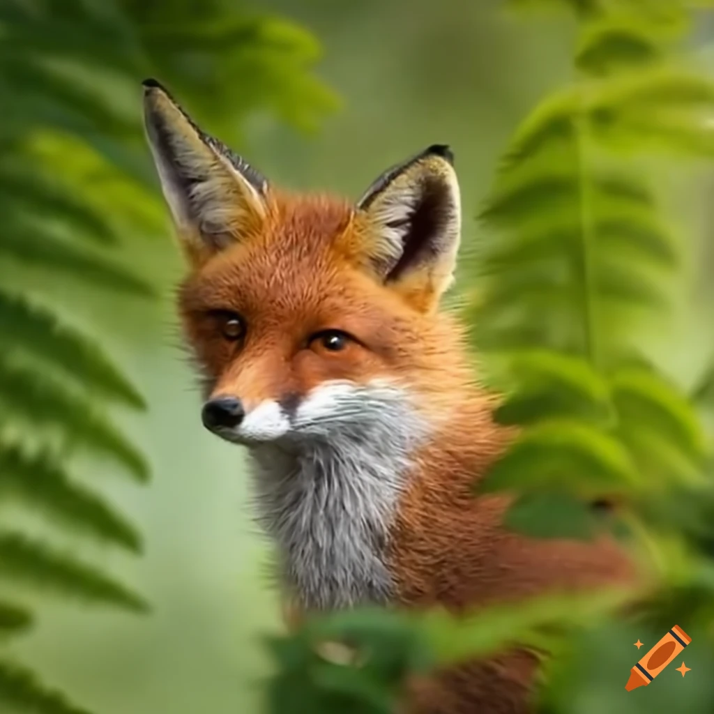 An adorable fox posing in front of a fern