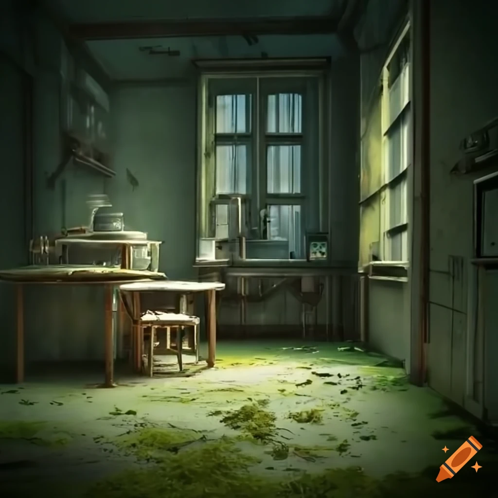A deserted laboratory with mossy floor and broken equipment on Craiyon