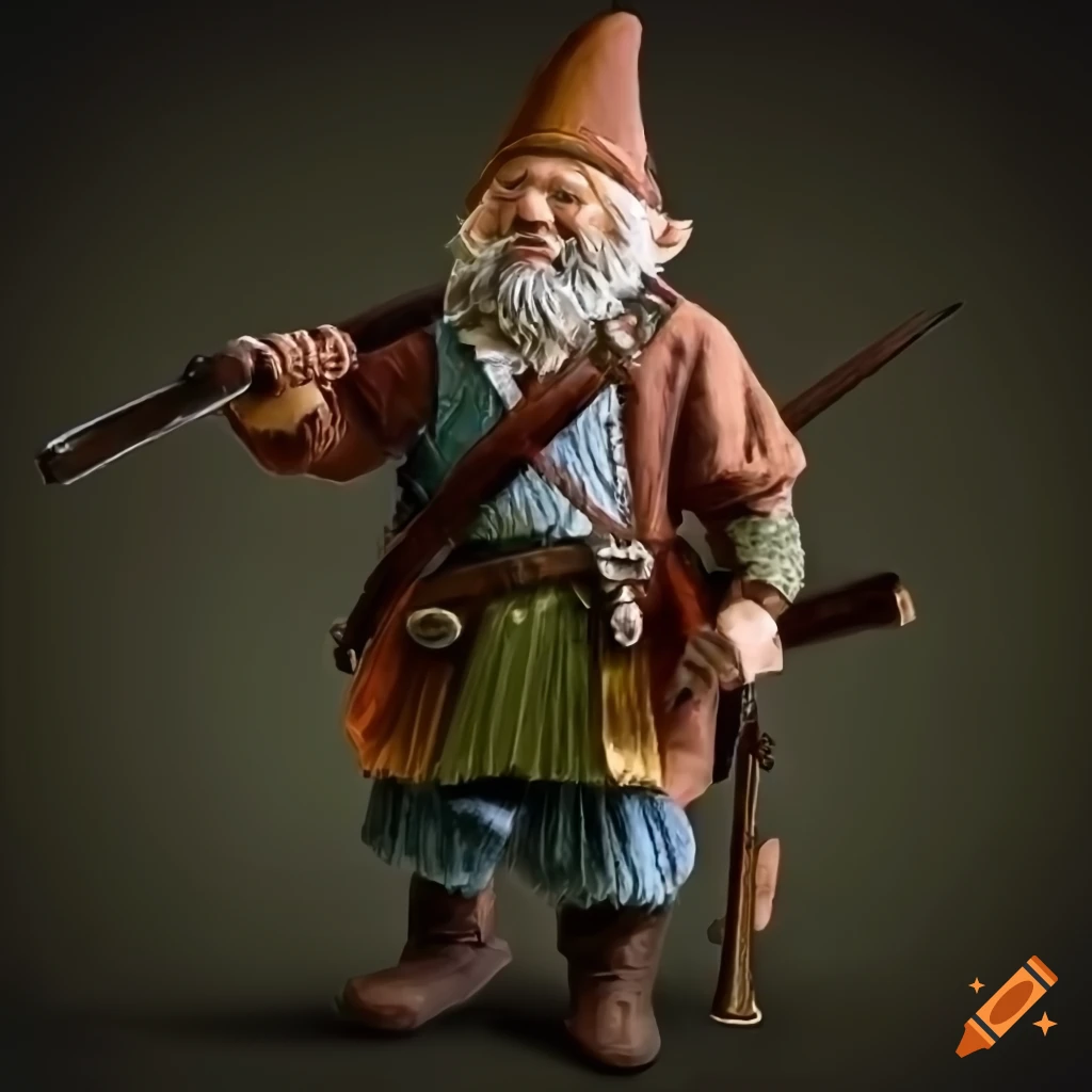 A gnome in hunters garb with a musket, photorealistic on Craiyon