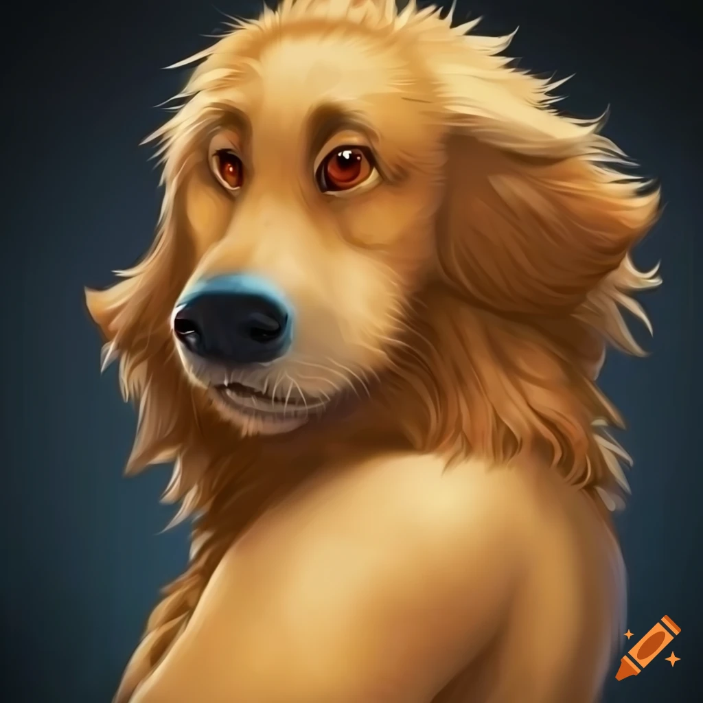 Lean Anthro golden retriever male with chest tuft, furry art, high ...