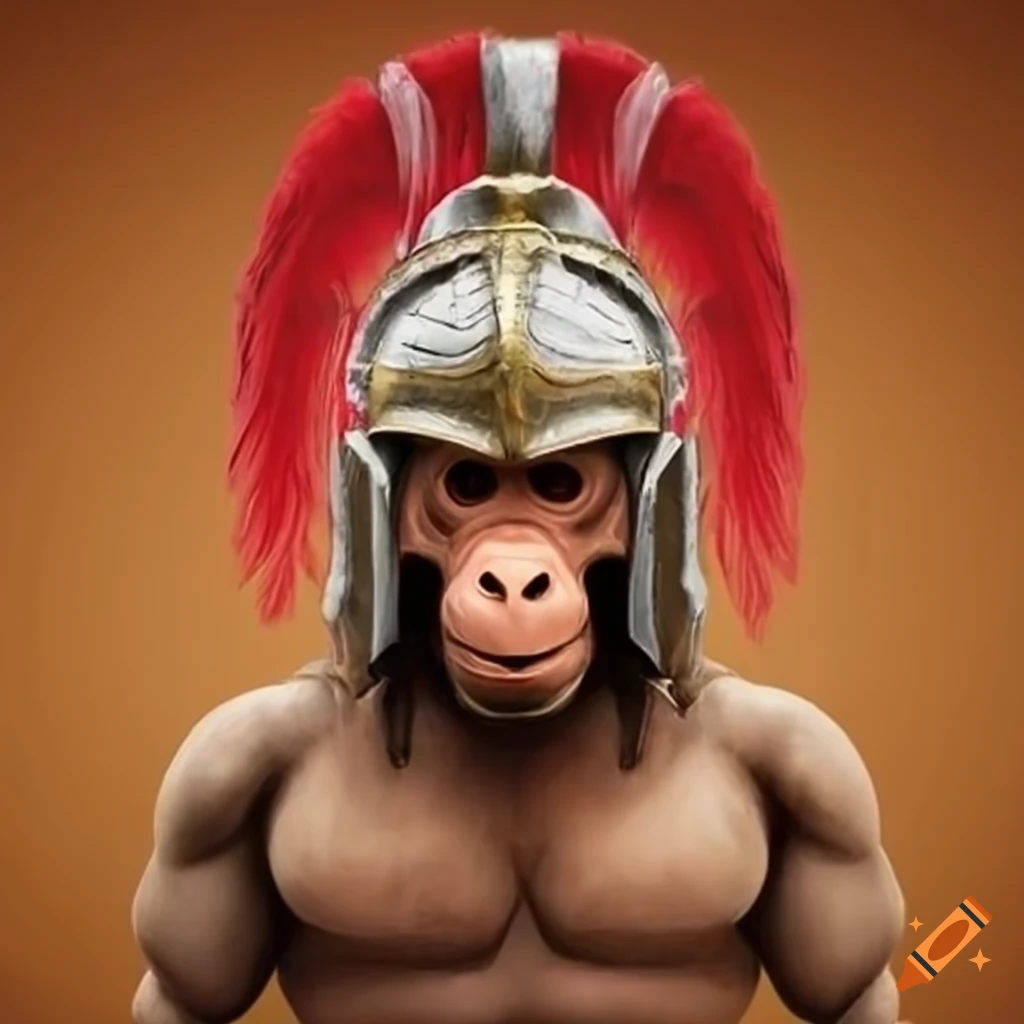 An monkey wearing a gladiator helmet on Craiyon