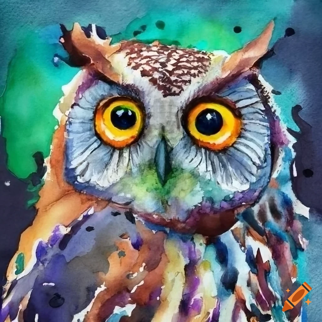 Owl, splash painted , watercolor