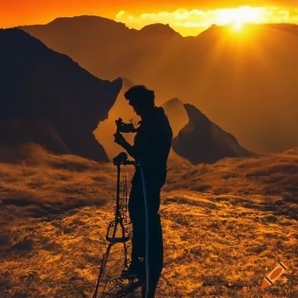 Realistic picture of a camera taking photo of the sun going down over ...