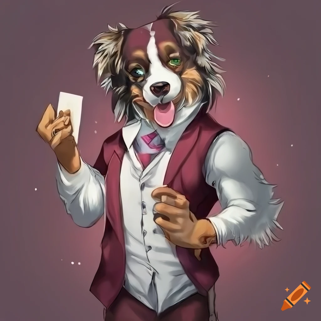 Anthro australian shepherd with long wavy hair in a white shirt and a ...