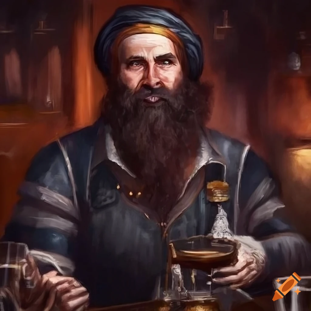 Portrait of a barkeep with a beard in a tavern in the "Dungeons ...