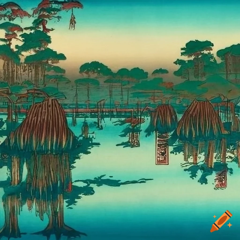 Japanese swamp landscape; ukiyo-e style