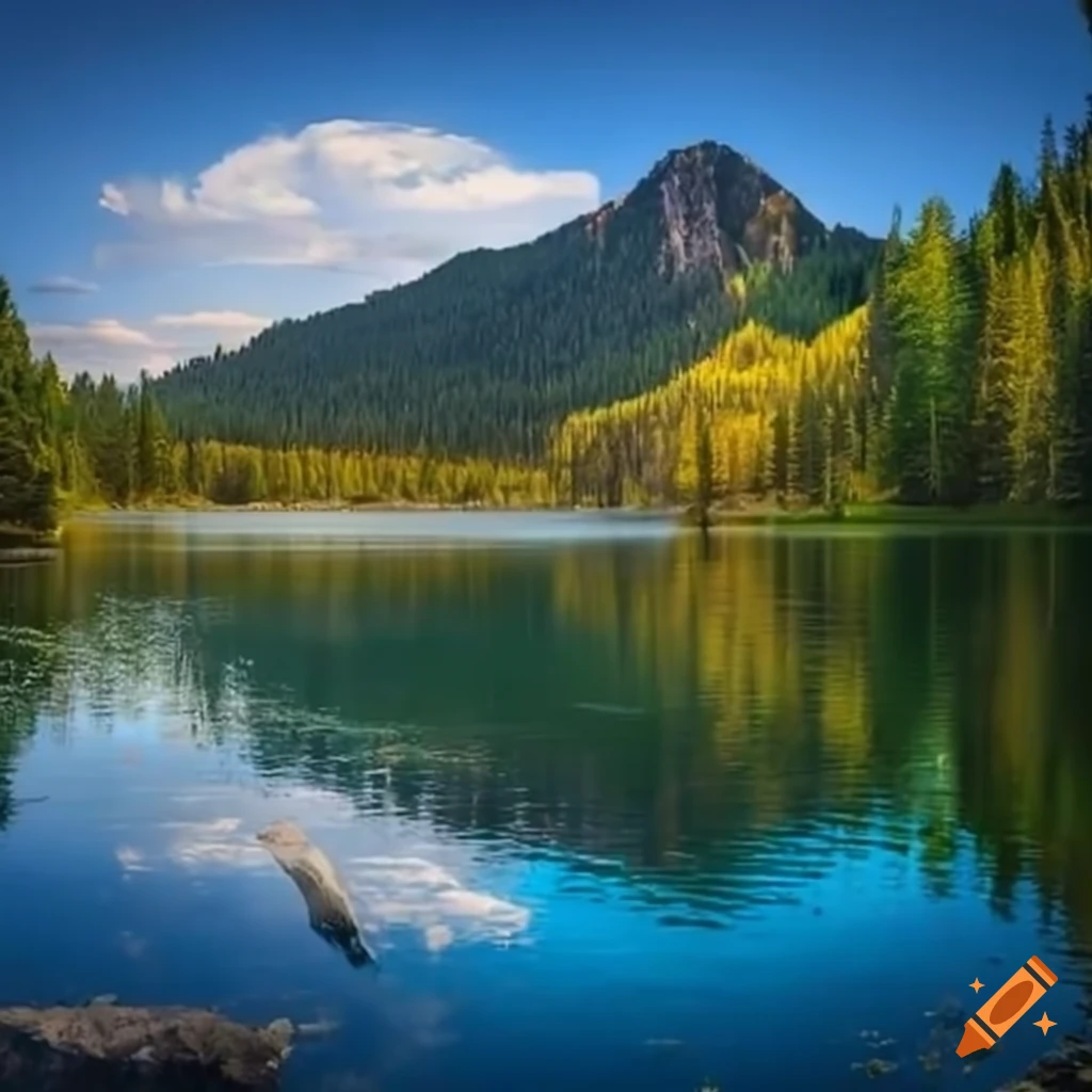 An idyllic painted lake nestled among beautiful mountain views on Craiyon