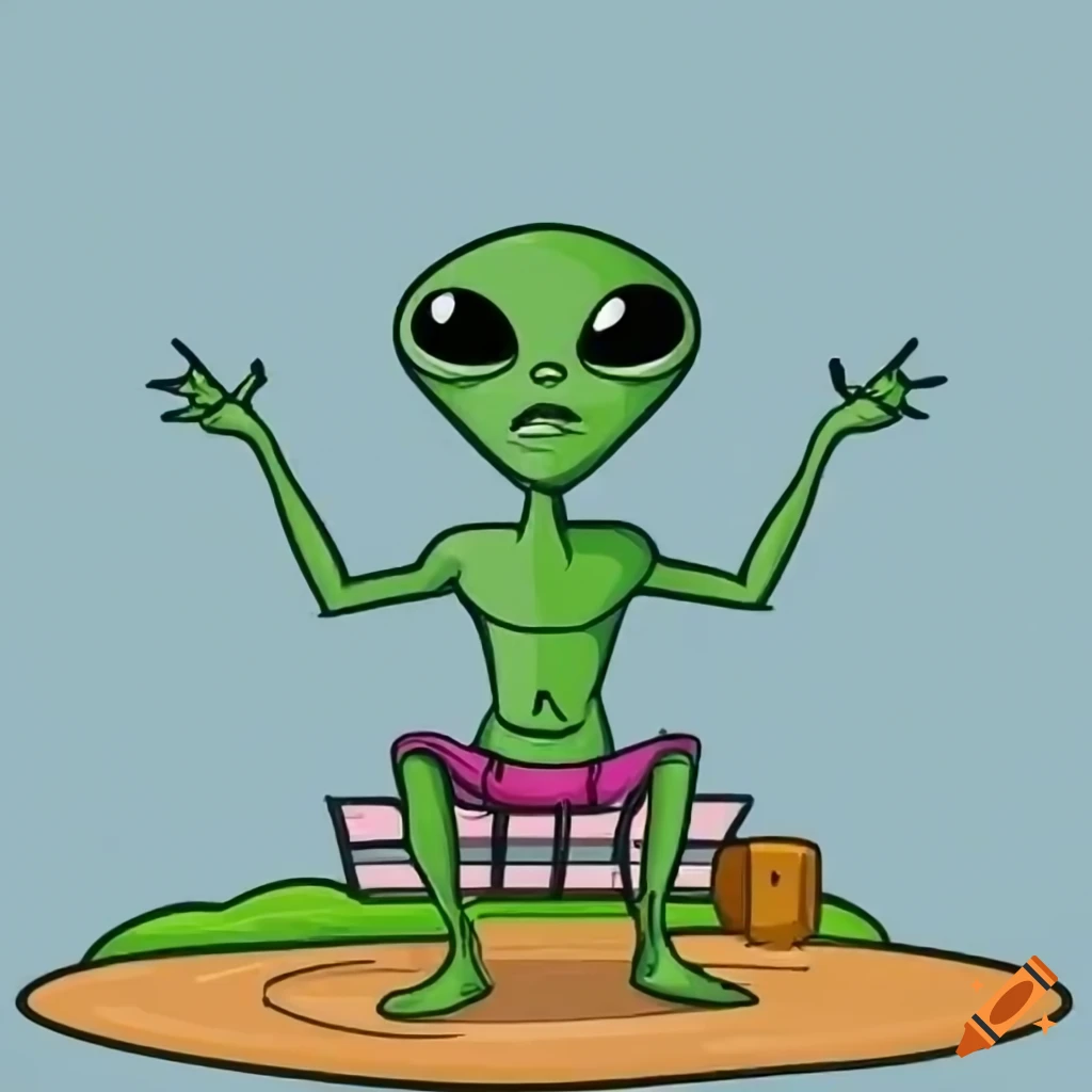 Cartoon alien sitting on a lawn chair on an island on Craiyon