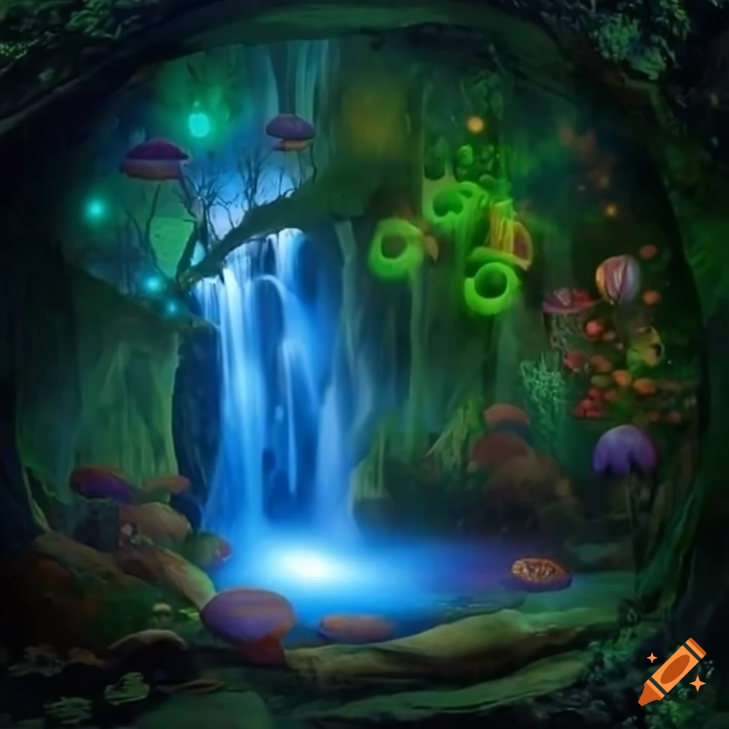 Enchanted forest with glowing mushrooms and hidden waterfall on Craiyon
