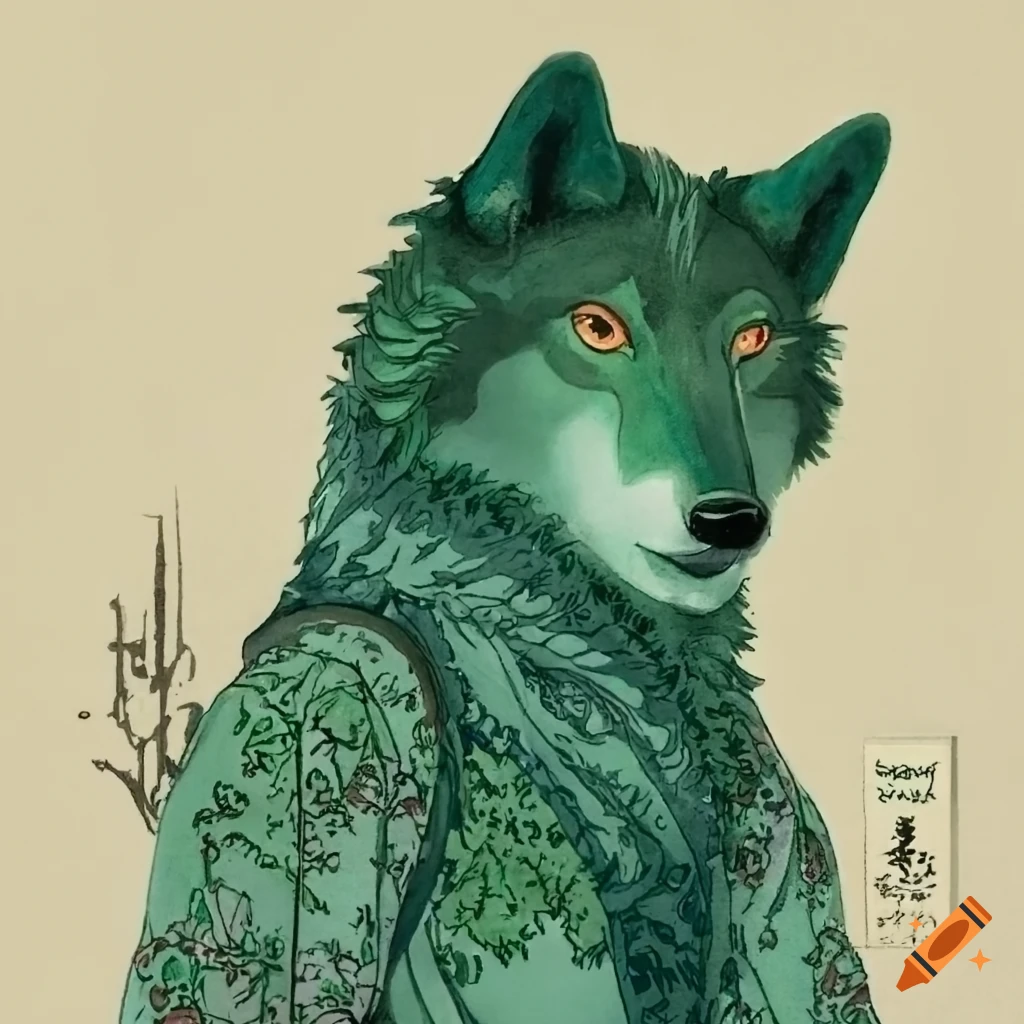Thin green humanoid wolf, traditional japanese print