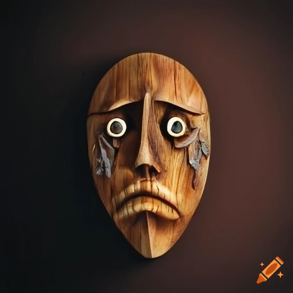 A sad wooden mask with tears, dark lighting on Craiyon