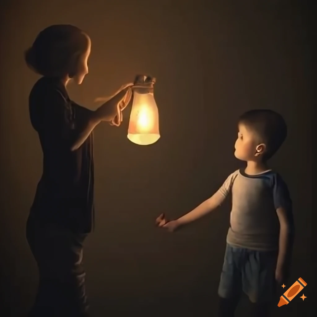 Boy in the countryside on a dark night without light on the left side ...