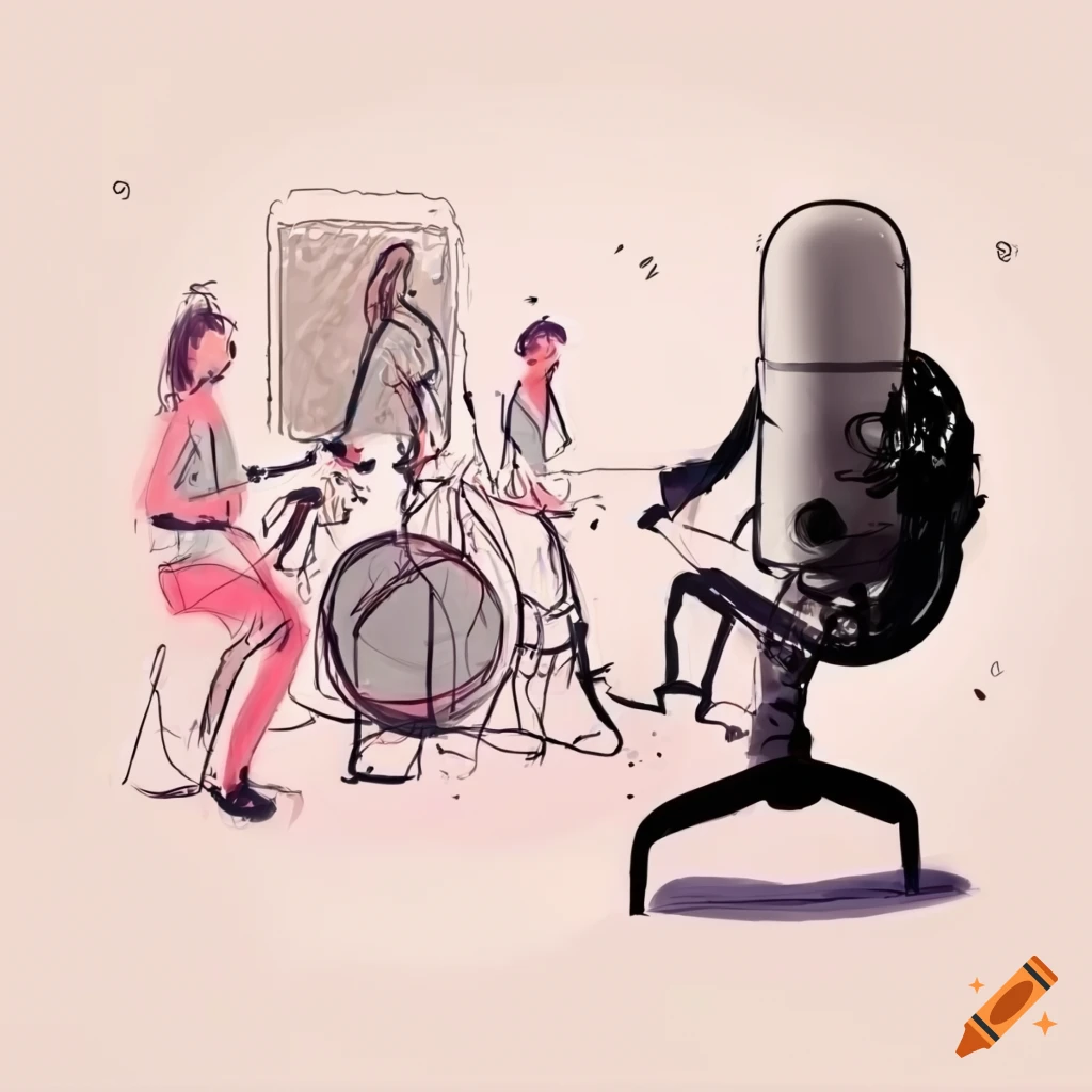Drawing of a group of people recording a podcast in a studio