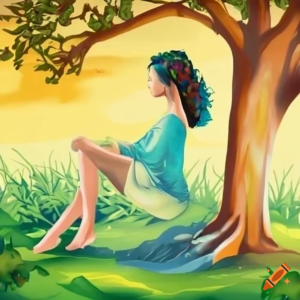 A woman relaxing under a tree in a peaceful environment on Craiyon