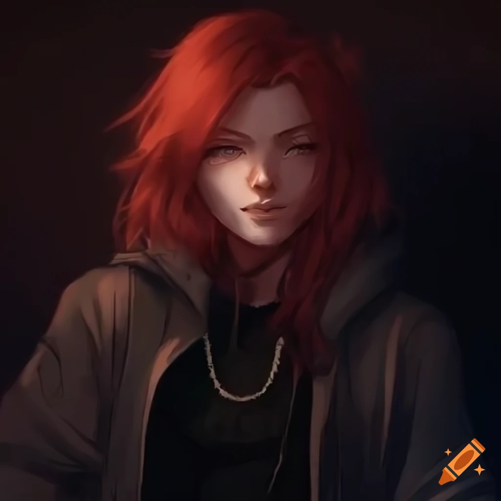 Smiling tomboy, sleep deprived, long hair, messy red hair, messy side ...