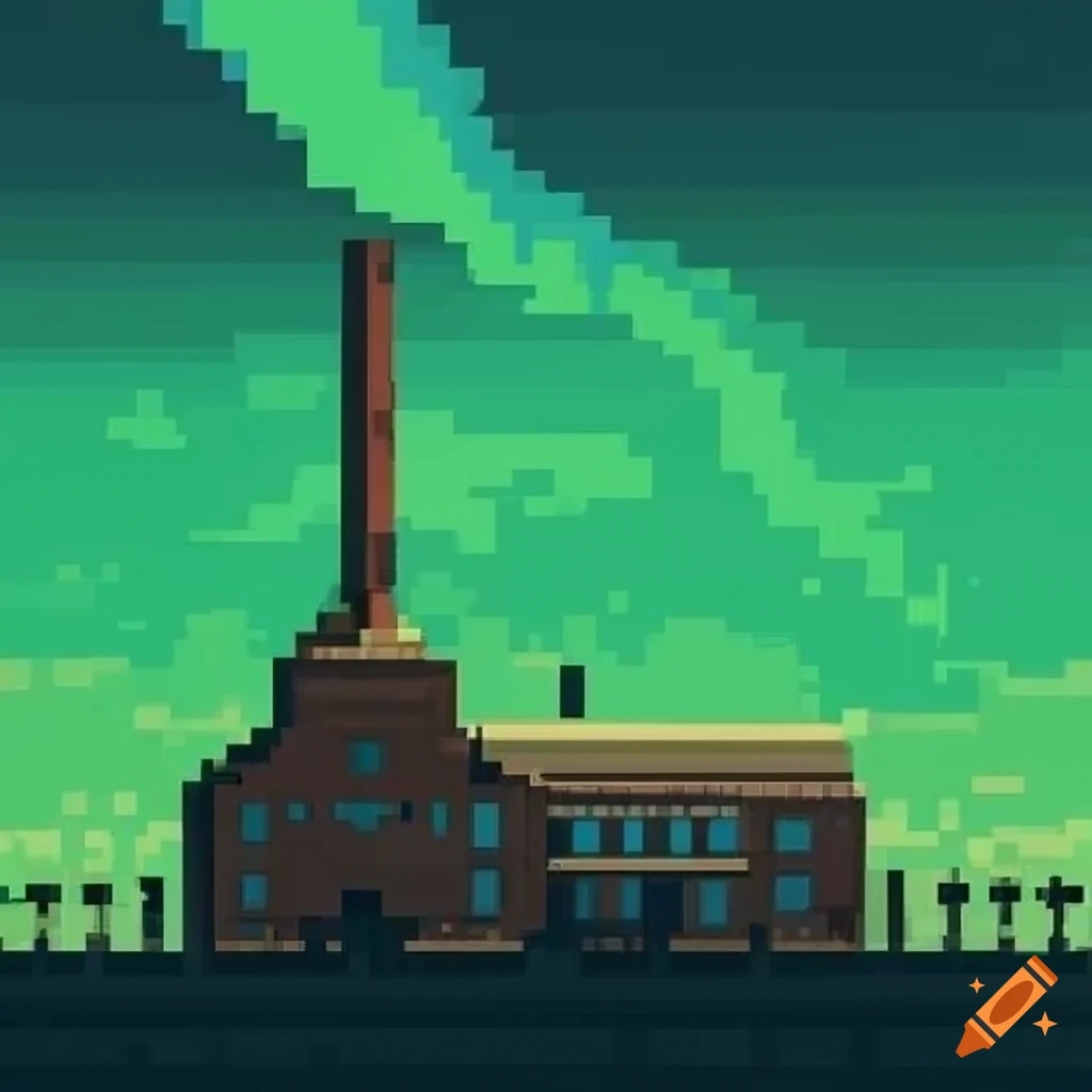 A pixel art old fashioned factory shooting a green beam into the sky on ...