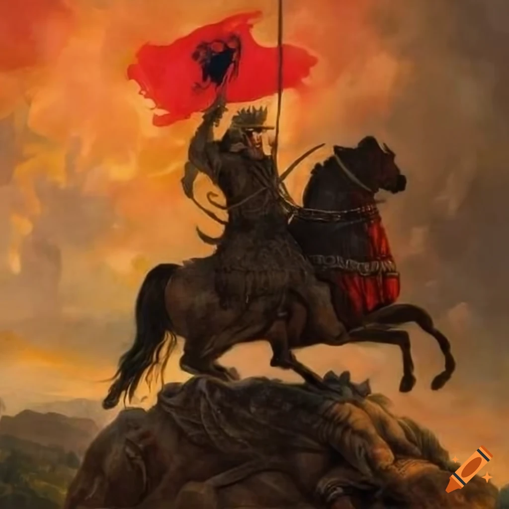 A historical painting of Skanderbeg leading the Albanian army to ...