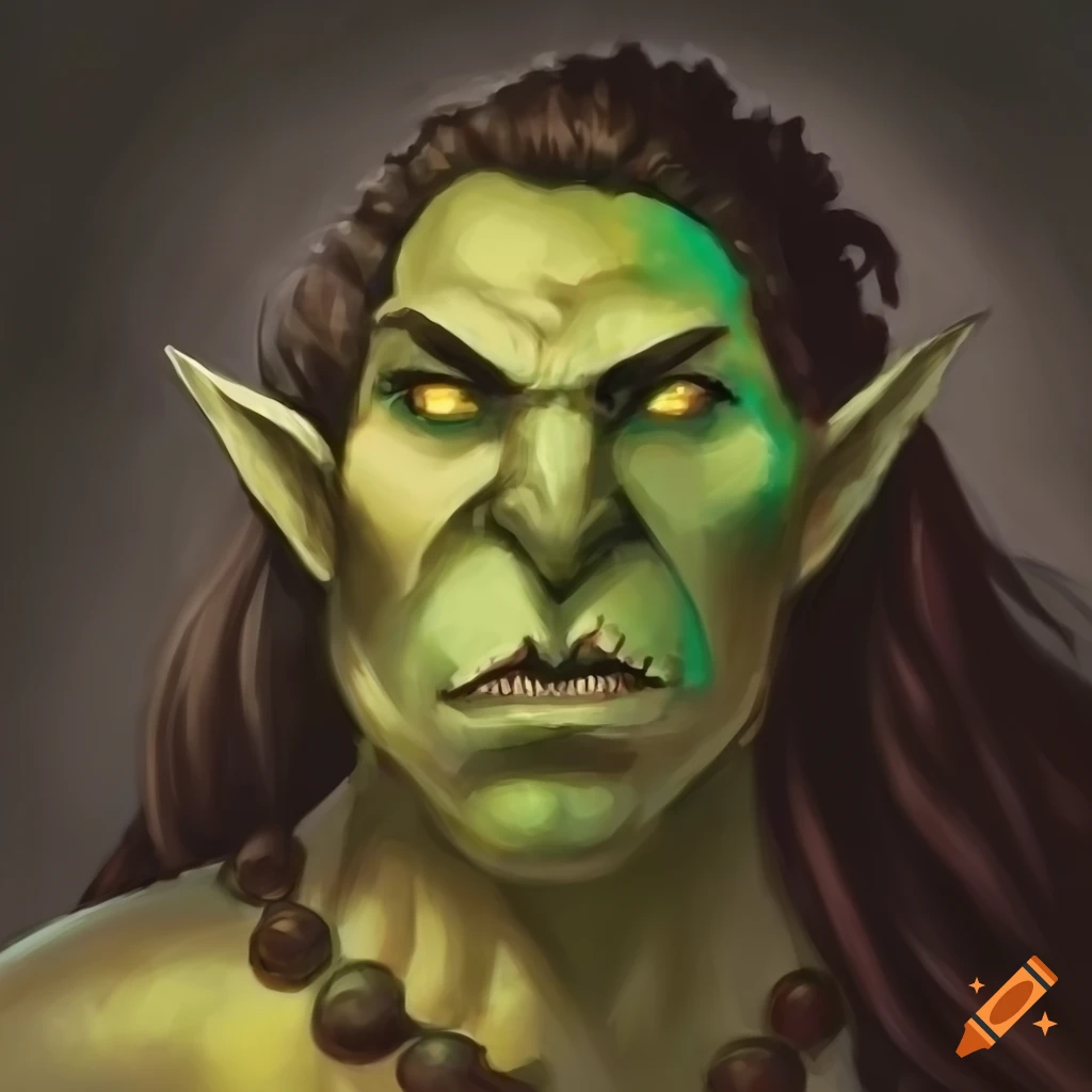 Beautiful, half orc, hair, striking, painting