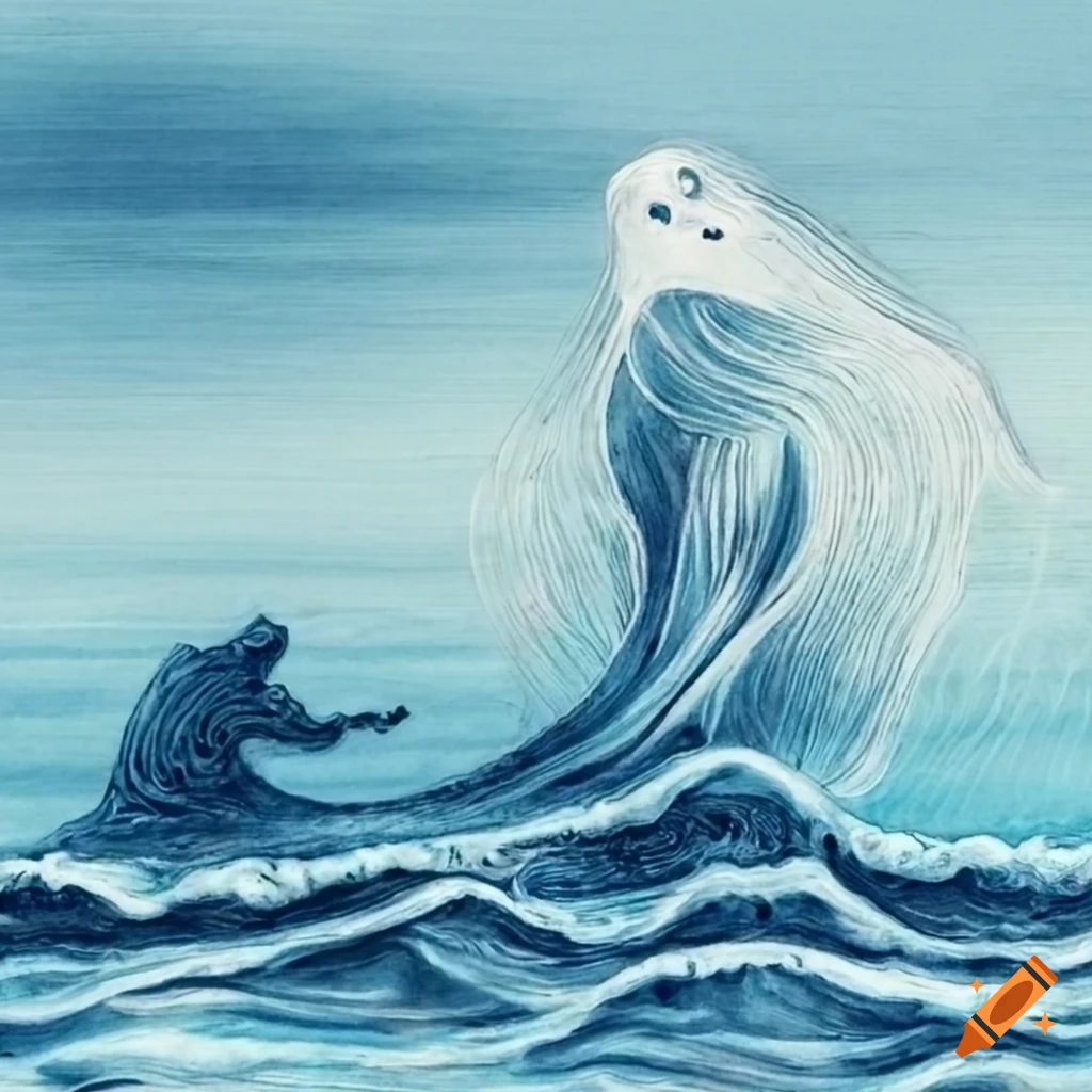 Ghosts, waves made of ghosts, seascape, lithoprint wood block style, monochrome, sea of ghosts ...