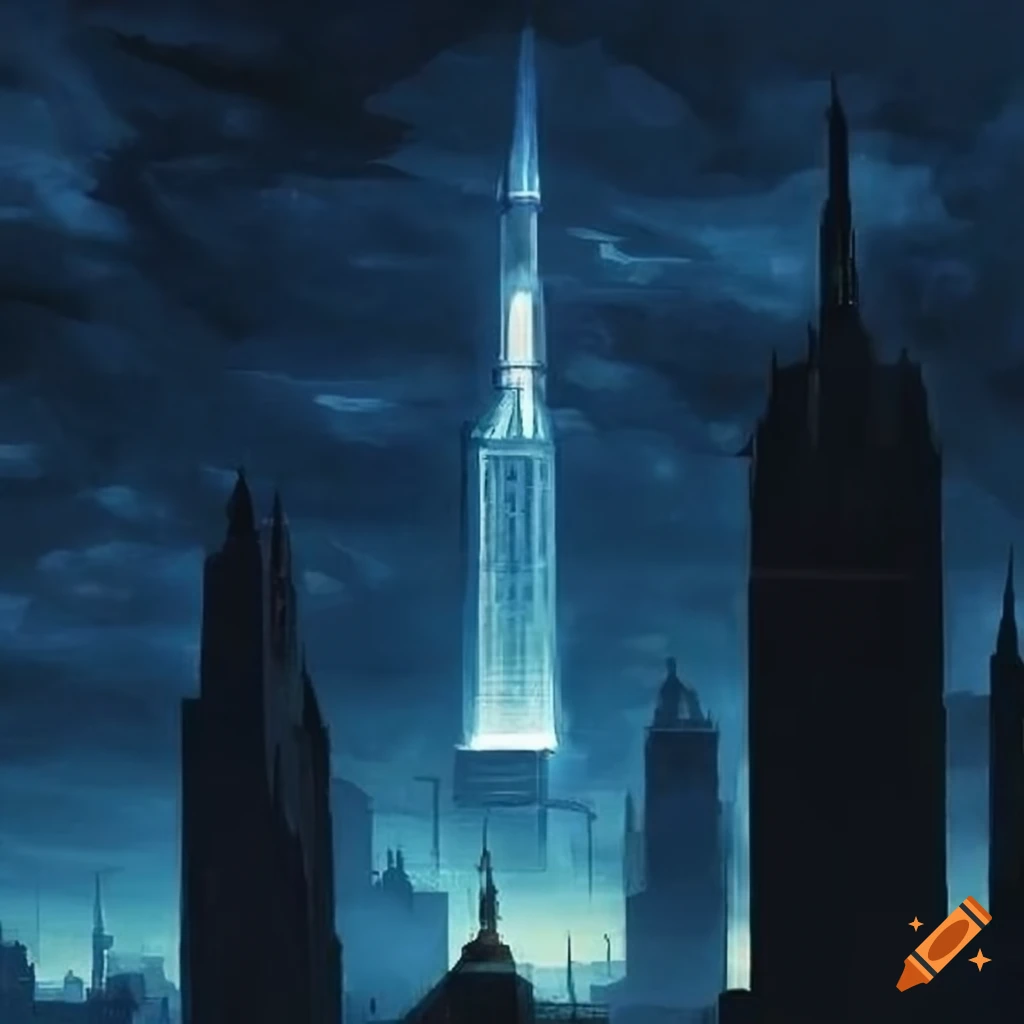 WAYNE TOWER IN GOTHAM CITY, MOONLIGHT, BY HERMANUS KOEKKOEK on Craiyon