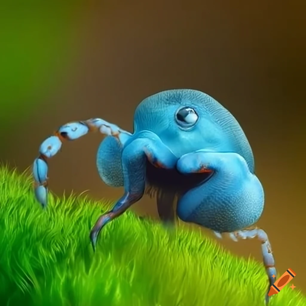 A small blue animal with a round body like a grain and two large and ...