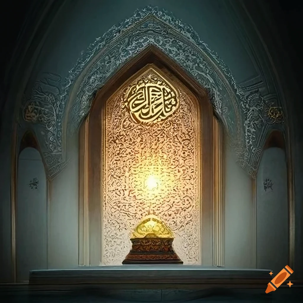 A holy Quran rests gracefully on a marble pedestal within a serene ...