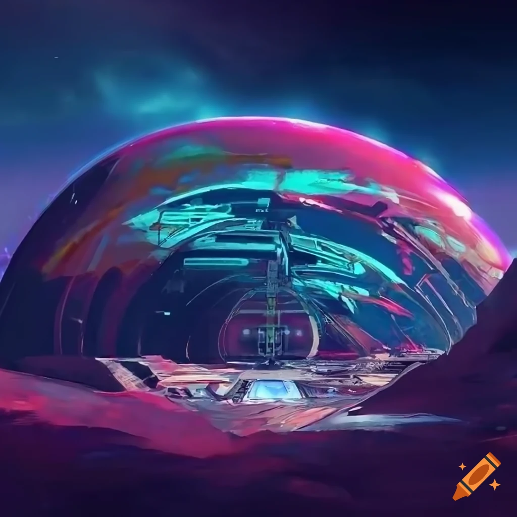 Digital art of a futuristic space station by a colorful alien planet ...