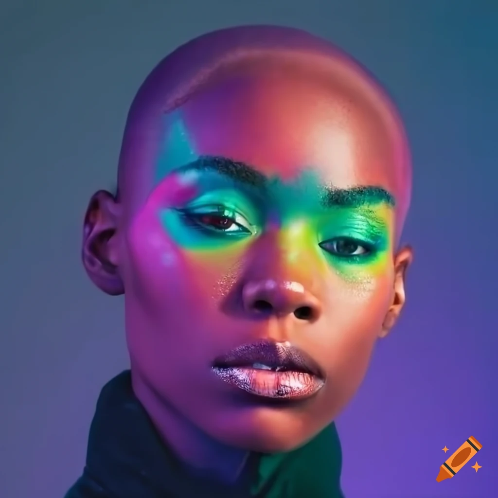 Young african american person with a buzzcut, wearing neon teal makeup ...