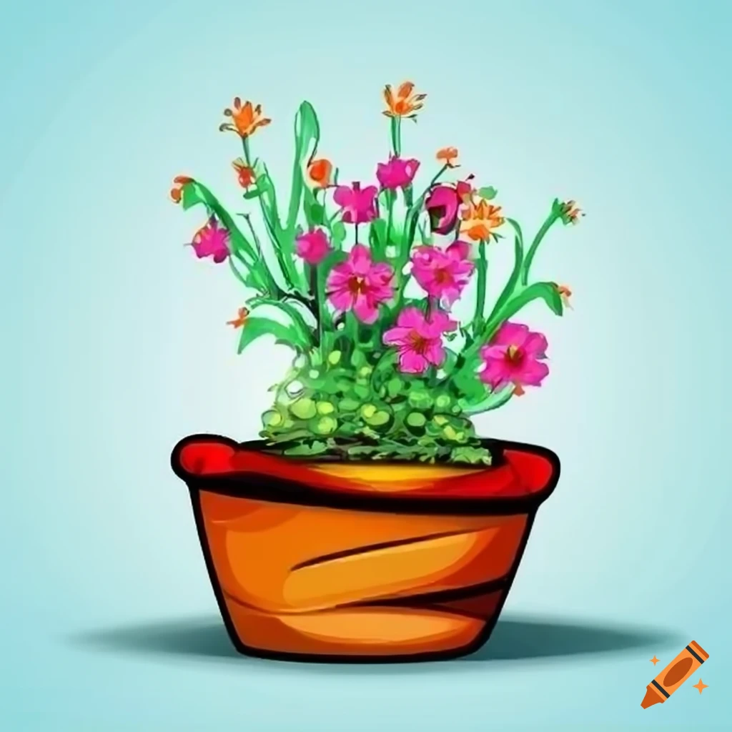 Cartoon image of a garden with flower pots on Craiyon