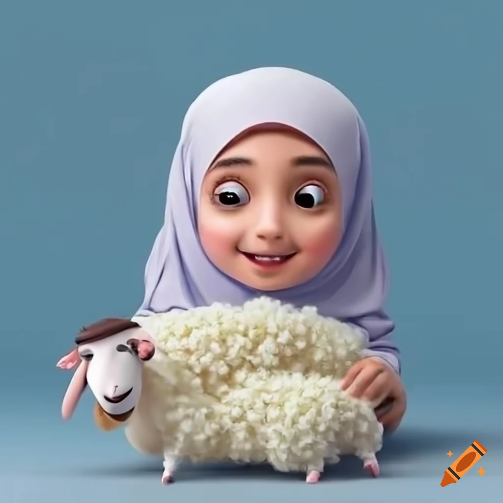 Arab muslim girl playing with a fluffy white happy sheep with 3d
