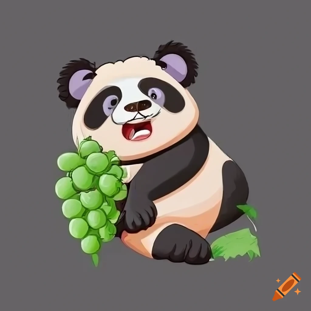 Cartoon fat panda laying down eating grapes