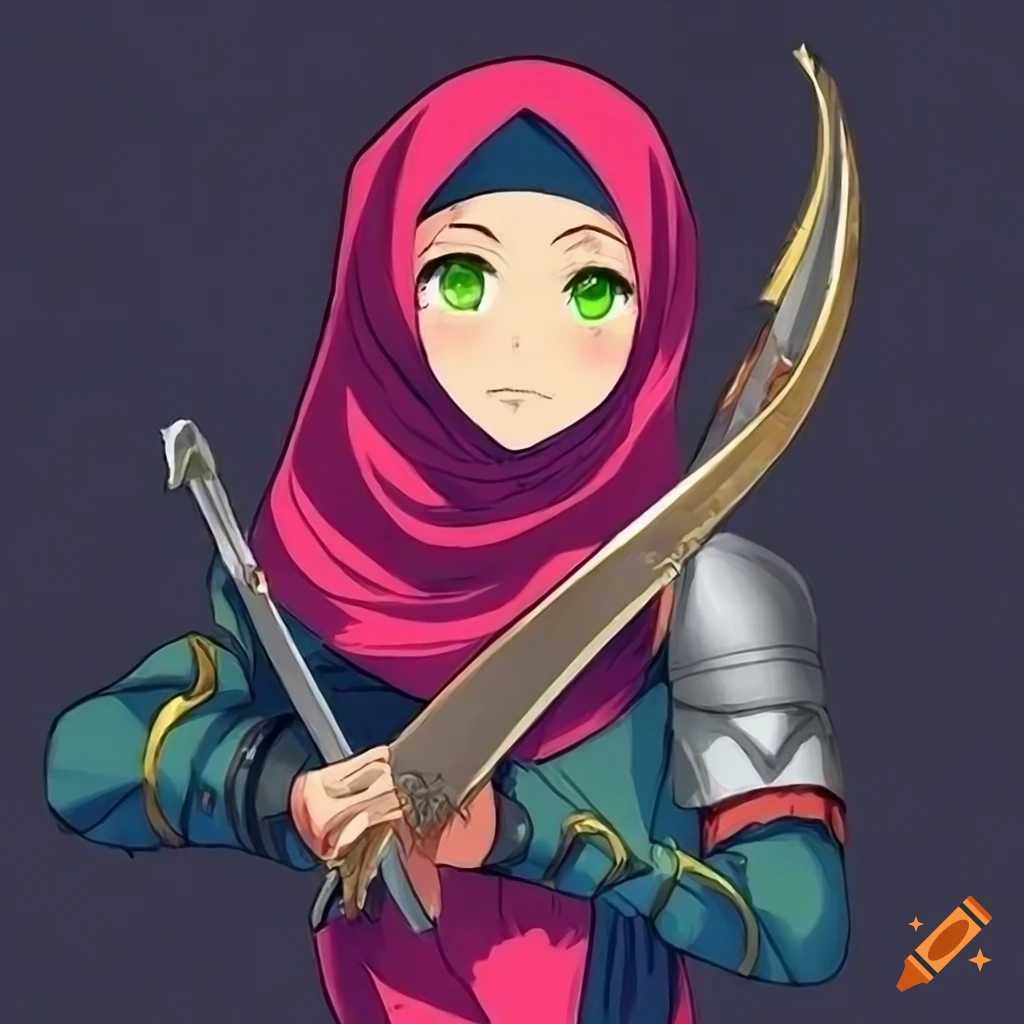 A female knight in hijab, holding a sword and bow