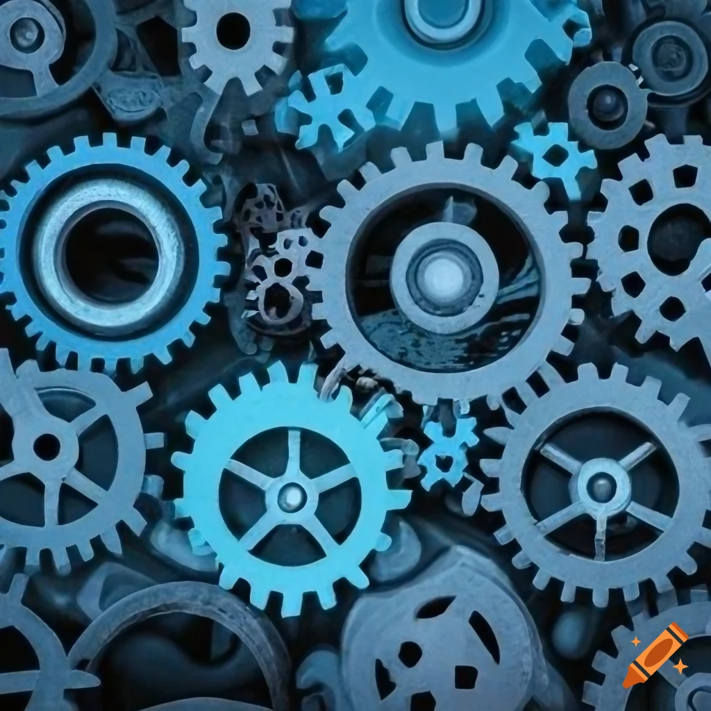 Lots of gears, light blue and gray colors, no background on Craiyon