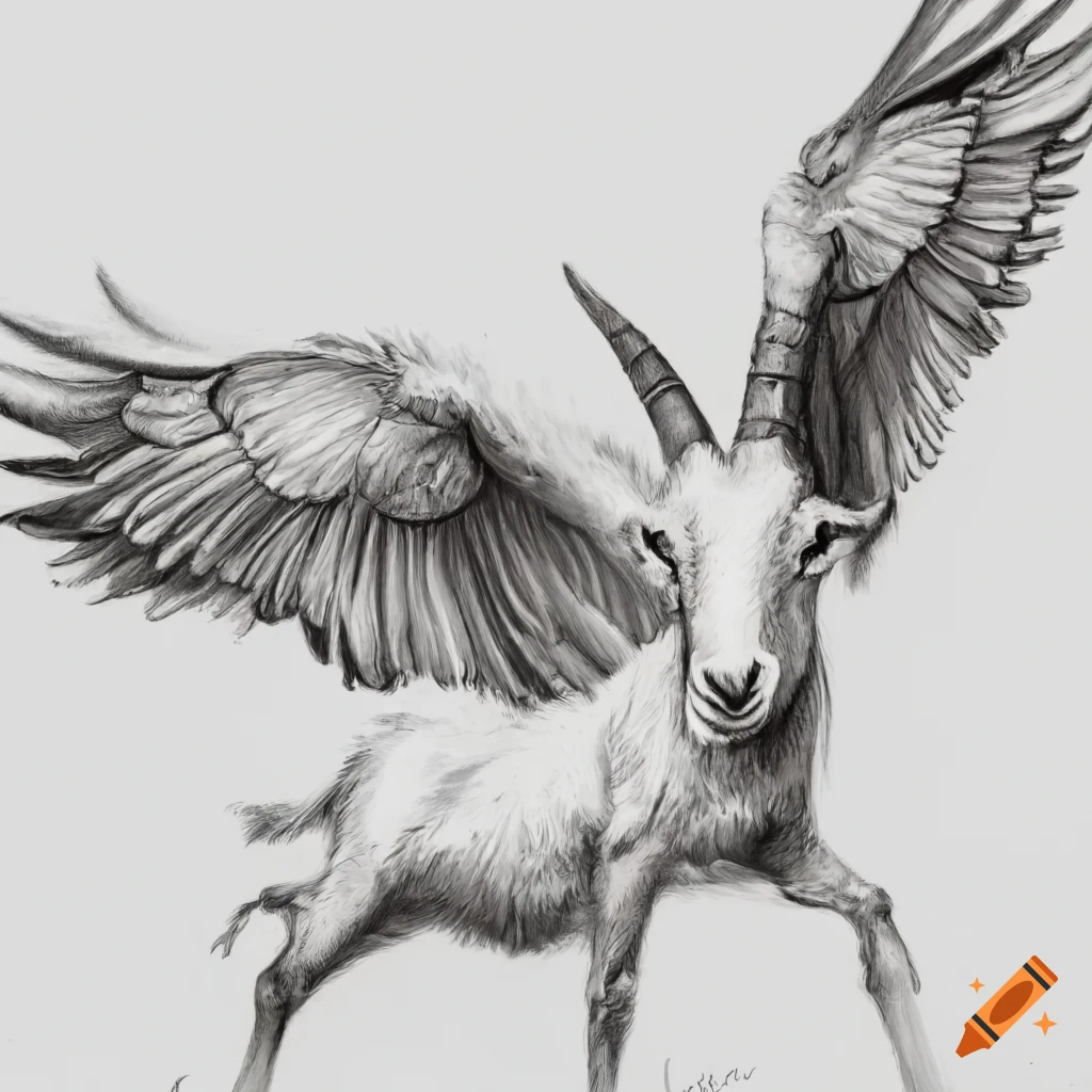 A white goat with wings flying left