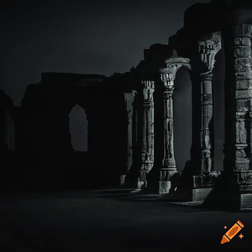 Ruins of a pillar against a dark and melancholy background