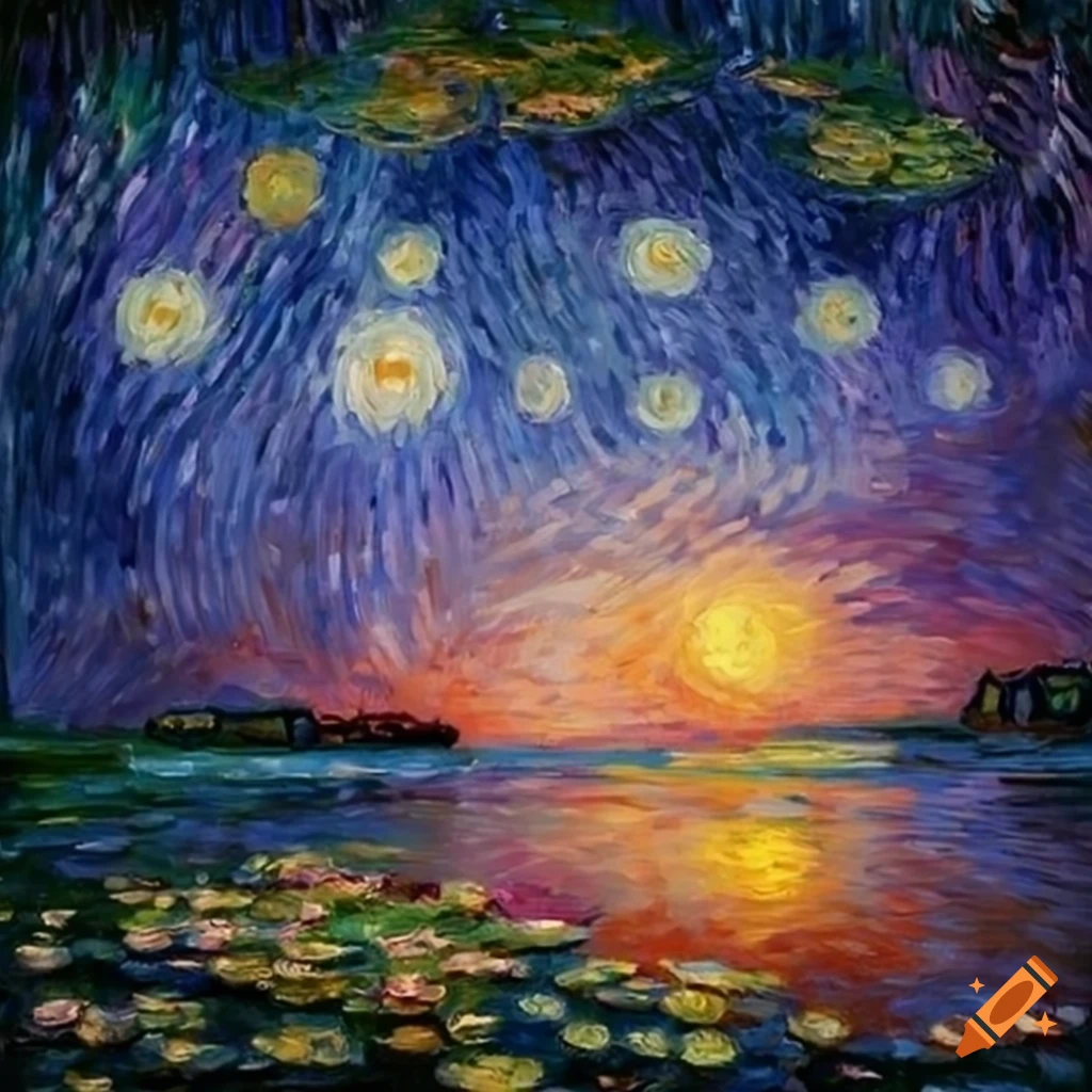 Mashup of monet and van gogh paintings of waterlilies and stars on Craiyon
