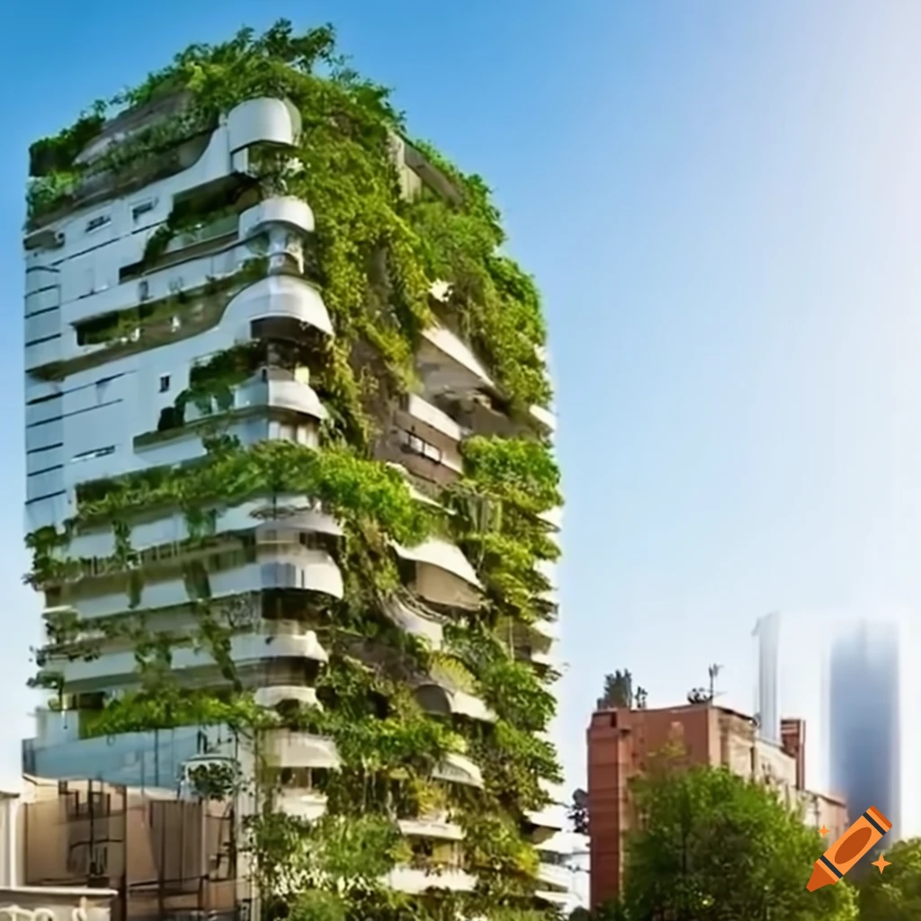 Organic highrise tower in america with garden balcony facade on Craiyon