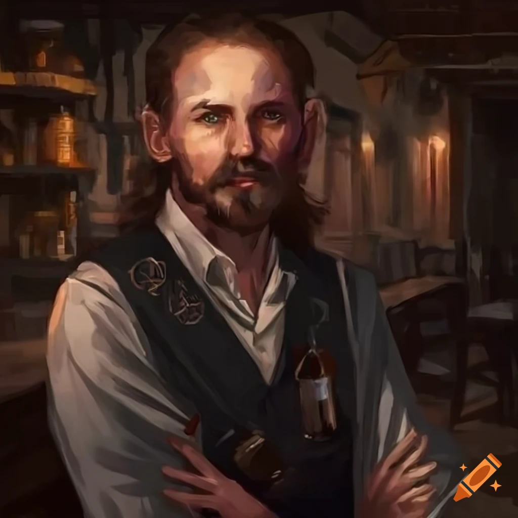 A portrait of bartender with a mustache in a tavern in the "Dungeons ...