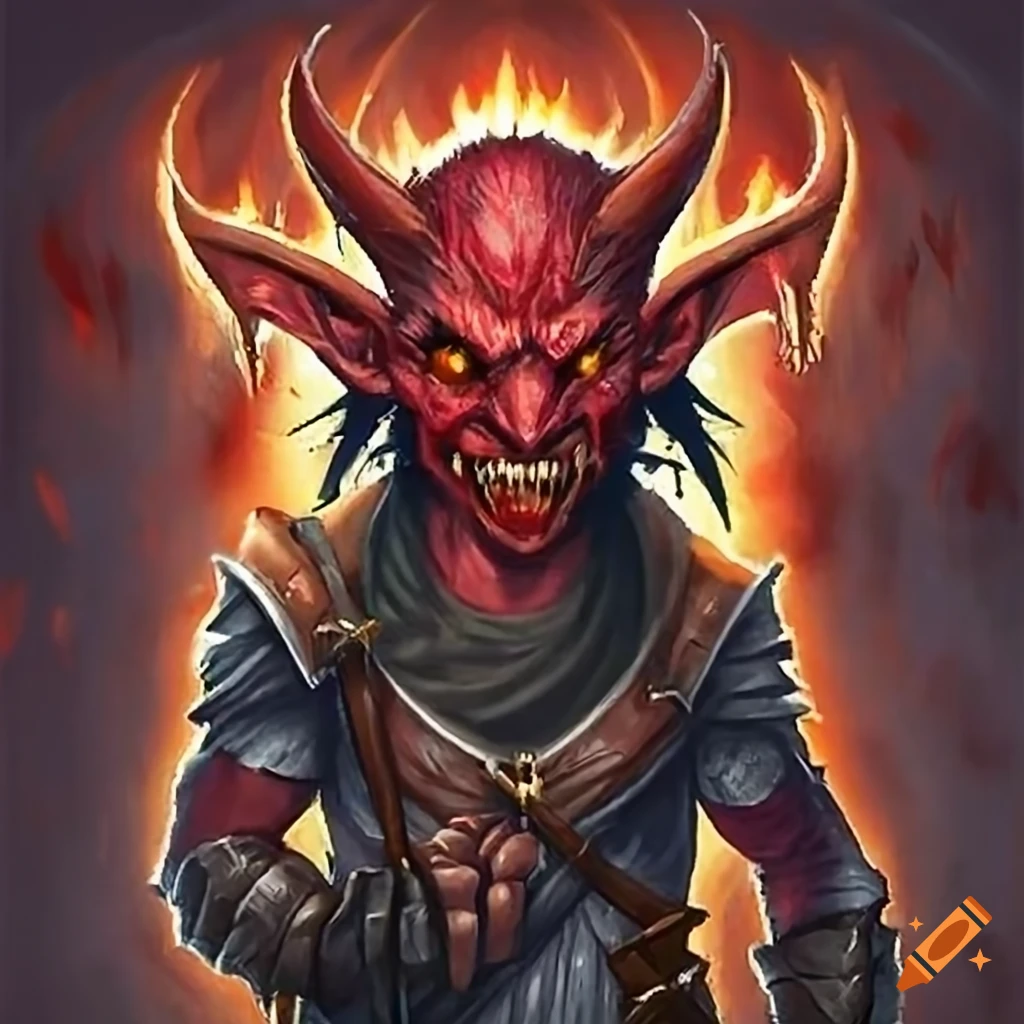 Portrait of an imp goblin with red skin and fiery eyes in hell in the ...