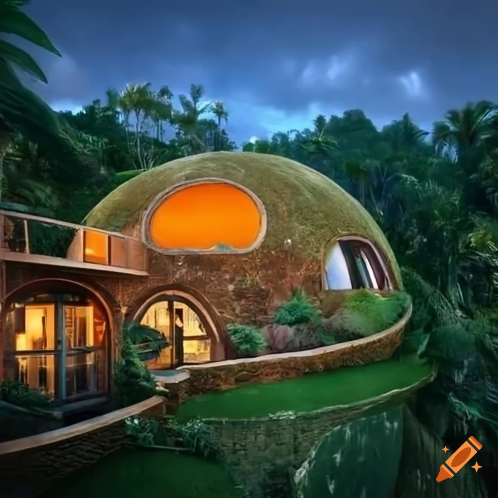 Multi-level earthship, outdoor terraces, hobbit house, lush tropical ...