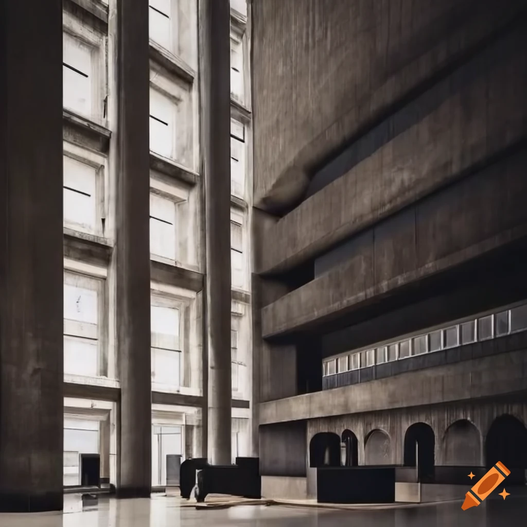 Brutalist tower in the centre of a bank lobby