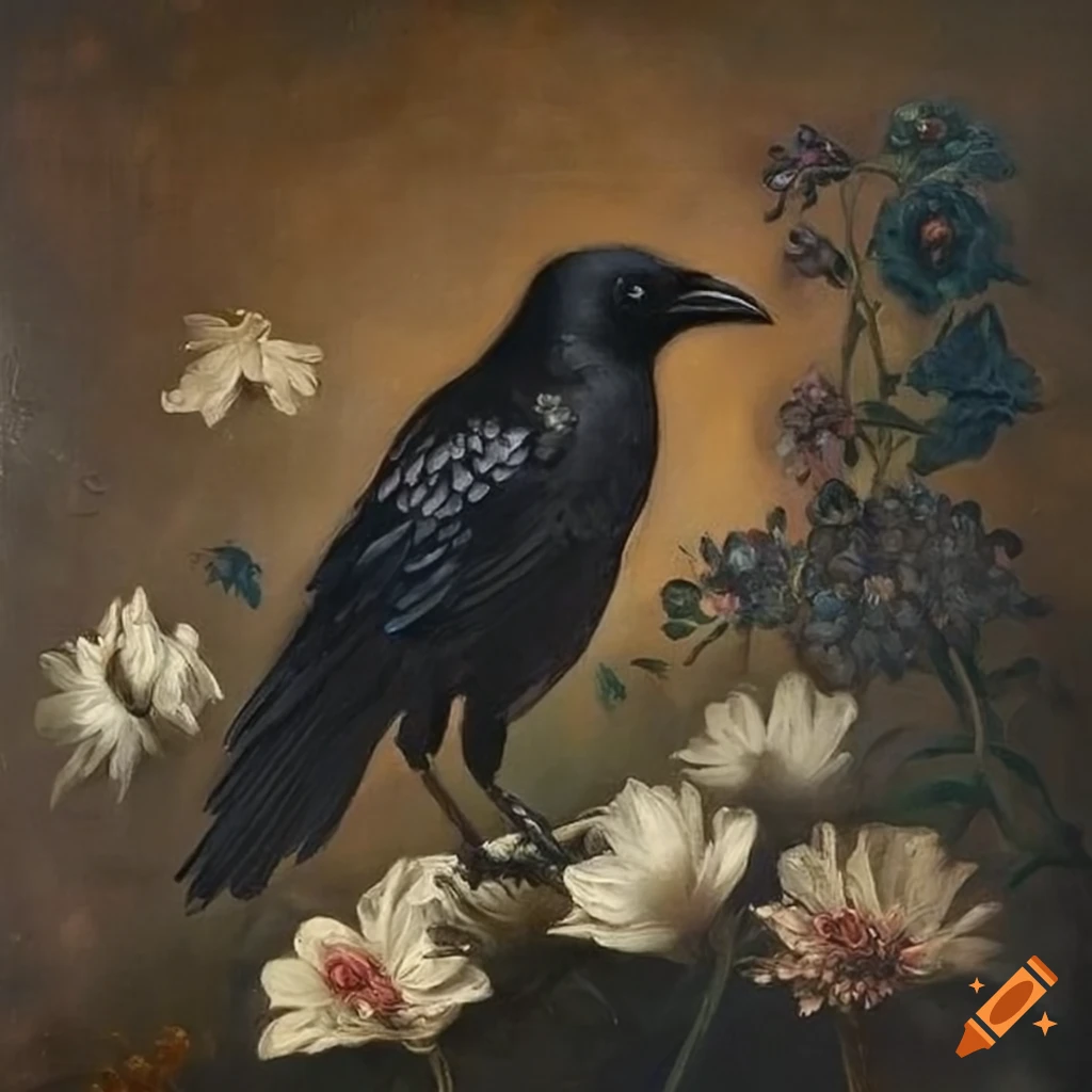 A dark vintage victorian oil painting of a crow surrounded be flowers ...