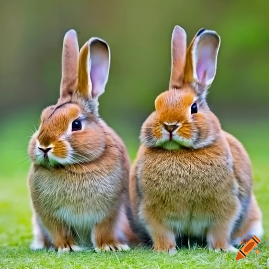 Three rabbits in different colors: orange, brown, gray, sitting on ...