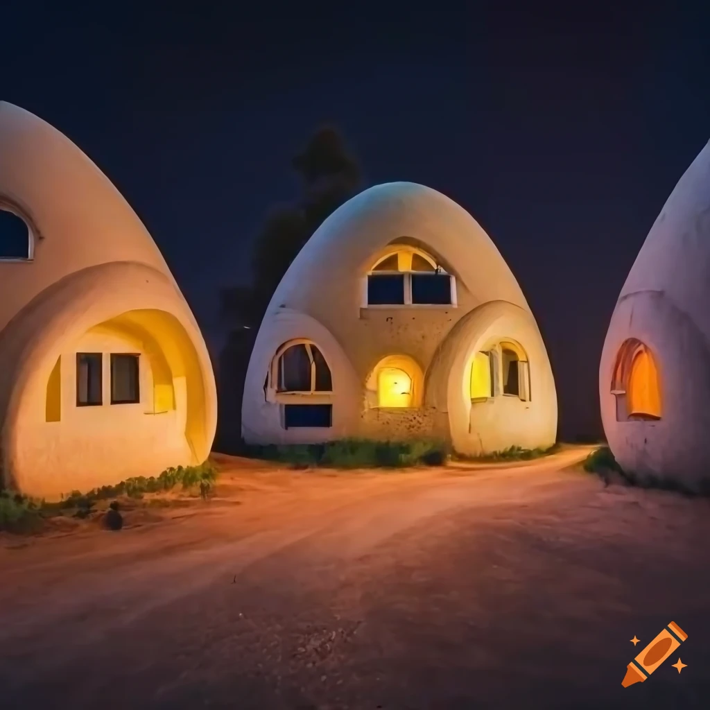 Wide shot of multi colored concrete egg-shaped houses in the hills ...