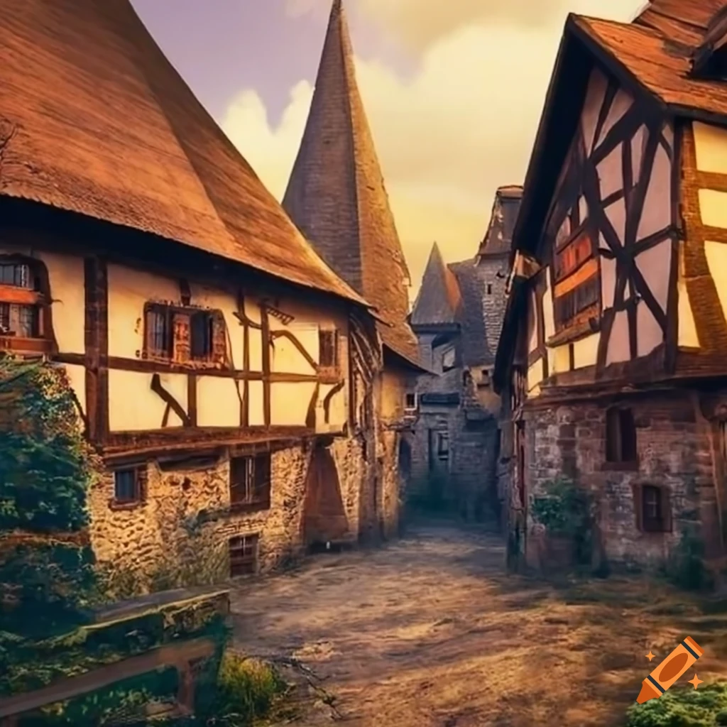 A peaceful medieval european village nestled in mountainous terrain